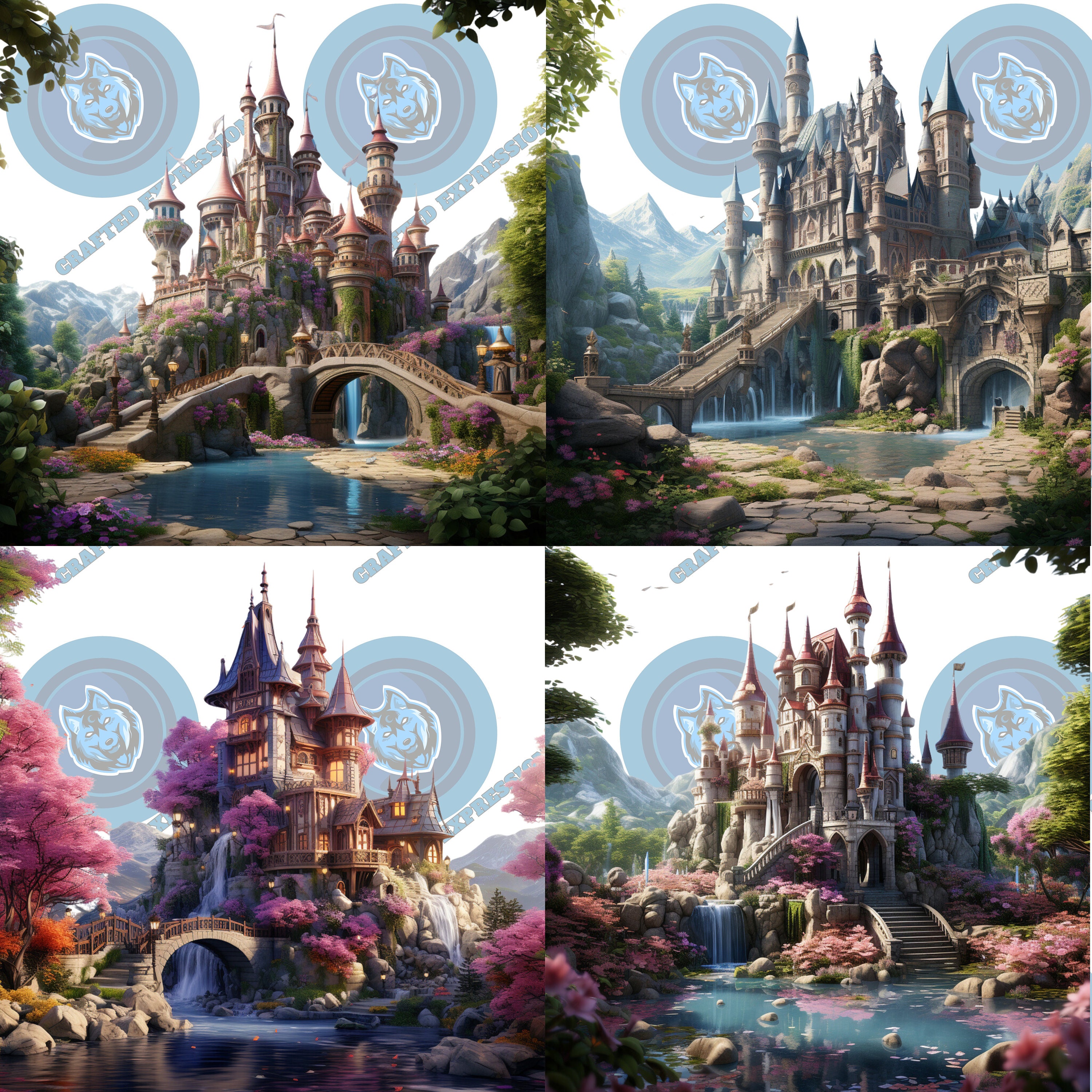 Elf Kingdom Clipart Set Gemstones, Towers, Gardens on White Canvas ...
