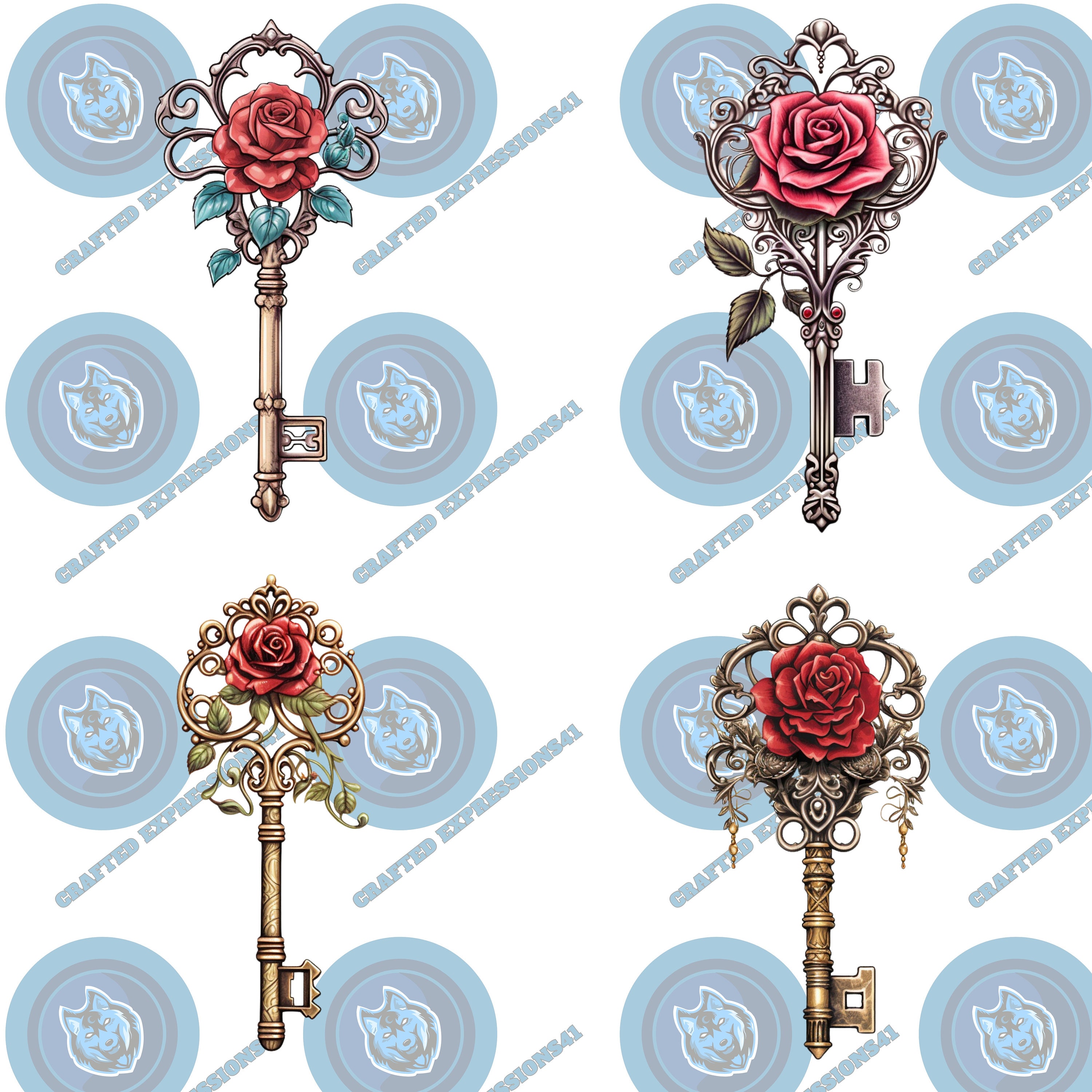 Medieval Rose Key Clipart Romantic Art-inspired Design Delicate Rose ...