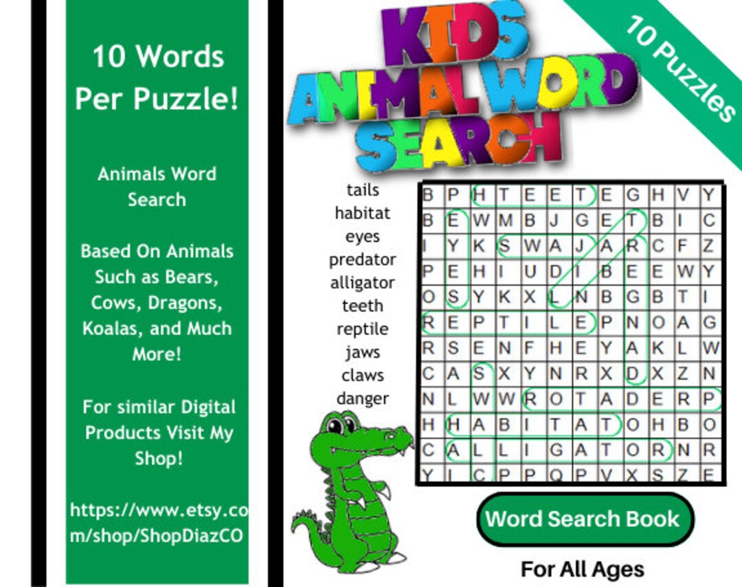 Animals Word Search : Puzzle Book for Kids of All Ages, 10 Page Word ...