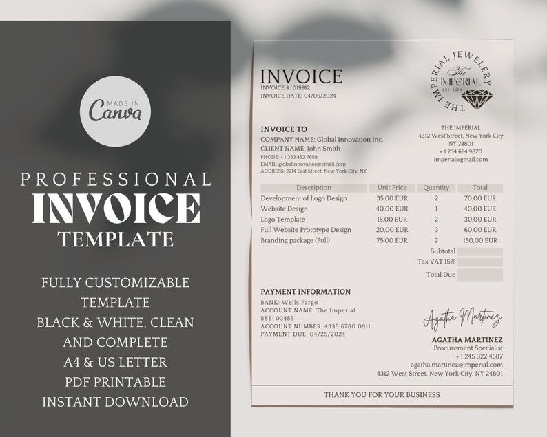 Professional Invoice Template | Canva Customizable Printable | A4 and ...
