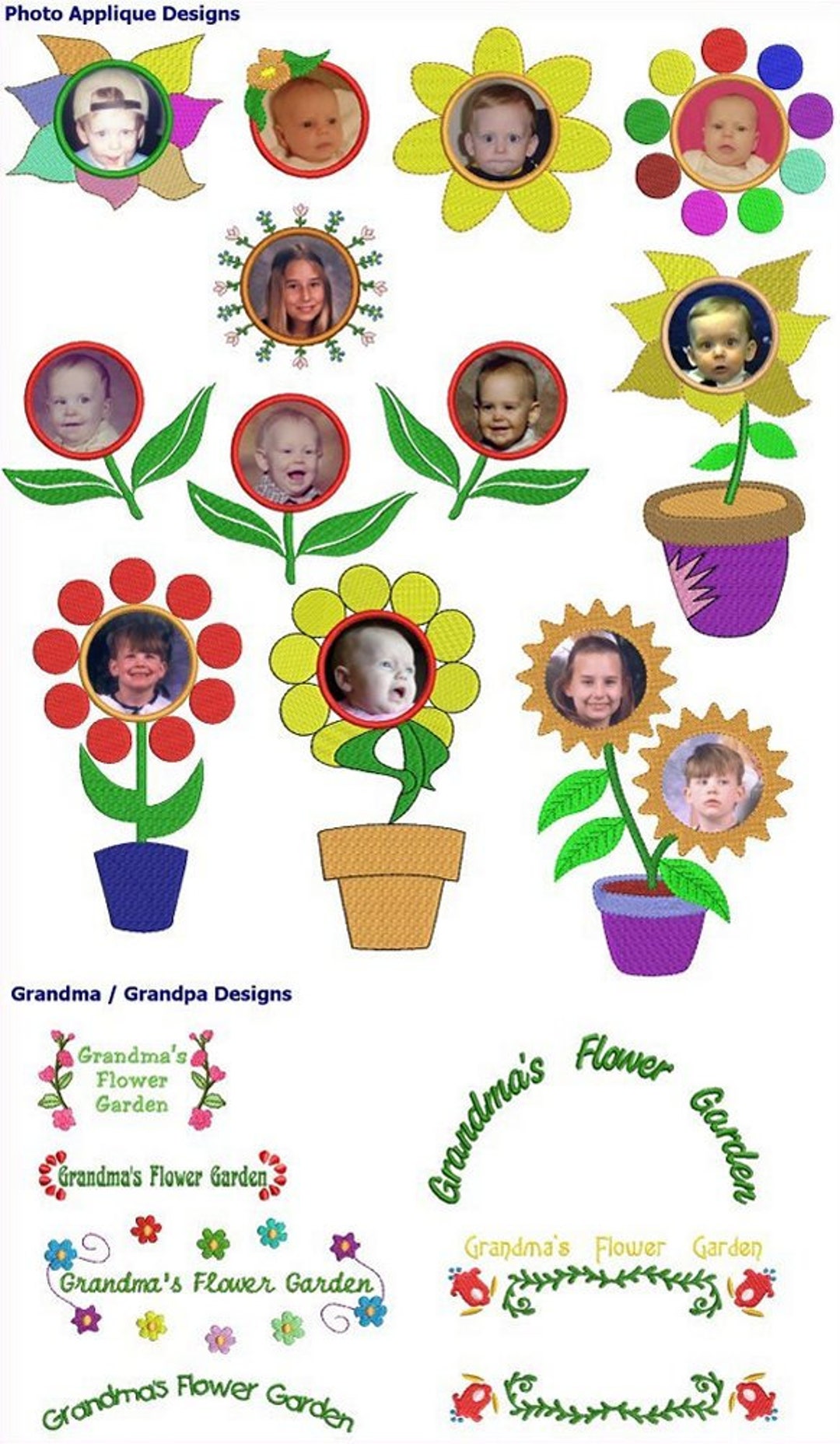 Grandma/grandpa Flower Garden Photo Applique Machine Embroidery Designs ...