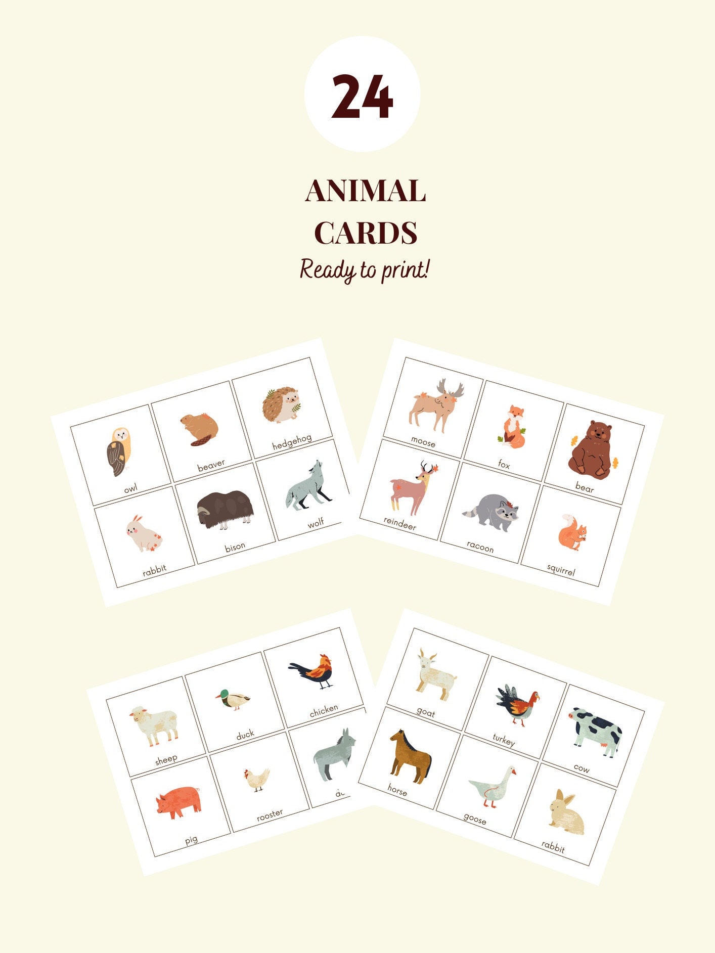 24 Animal Flashcards, Montessori Material, Educational Printable ...