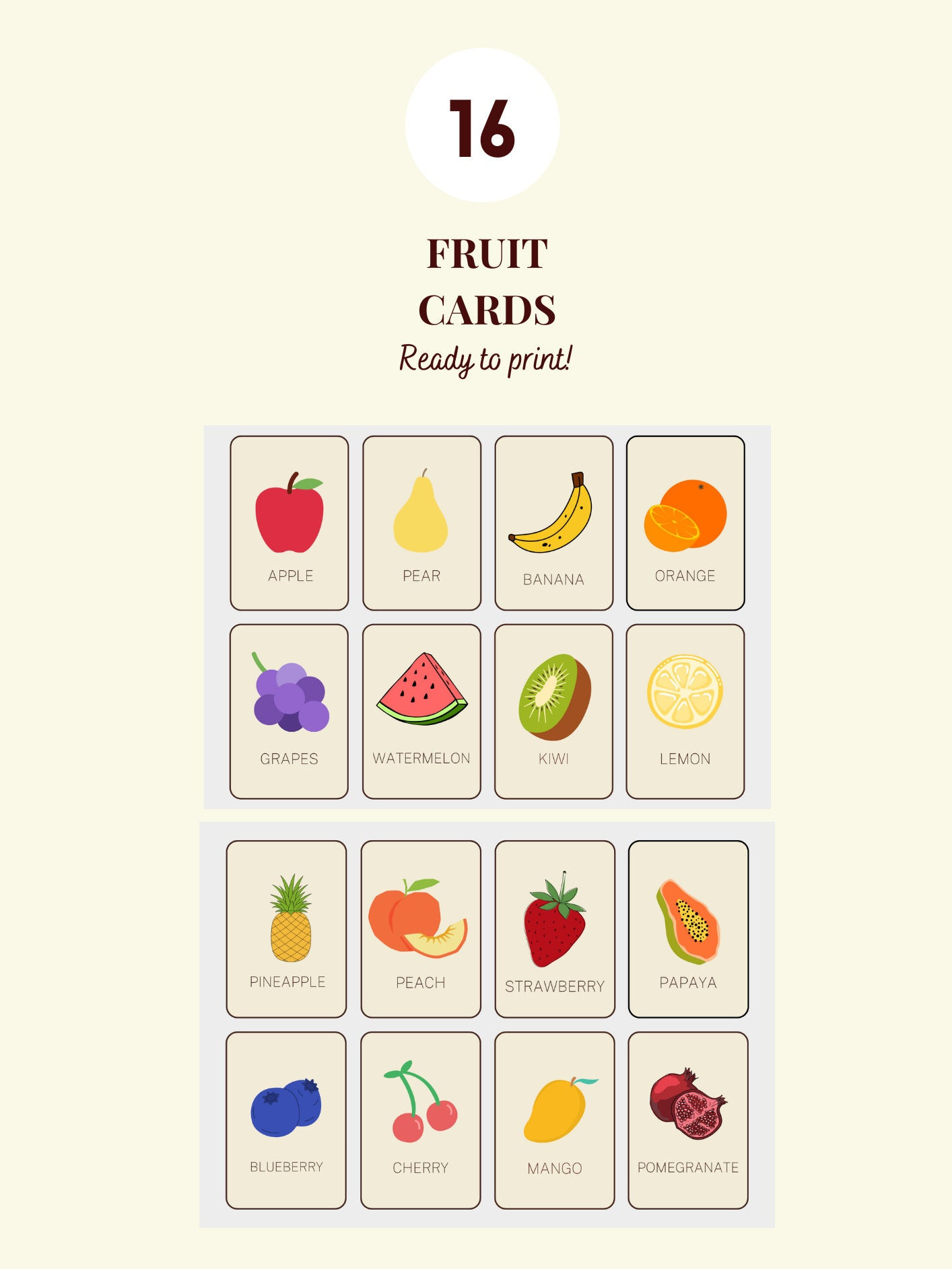 16 Fruits Flash Cards, Montessori Material, Educational Printable ...