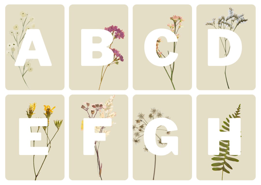 26 Floral Alphabet Flashcards, Montessori Material, Educational ...