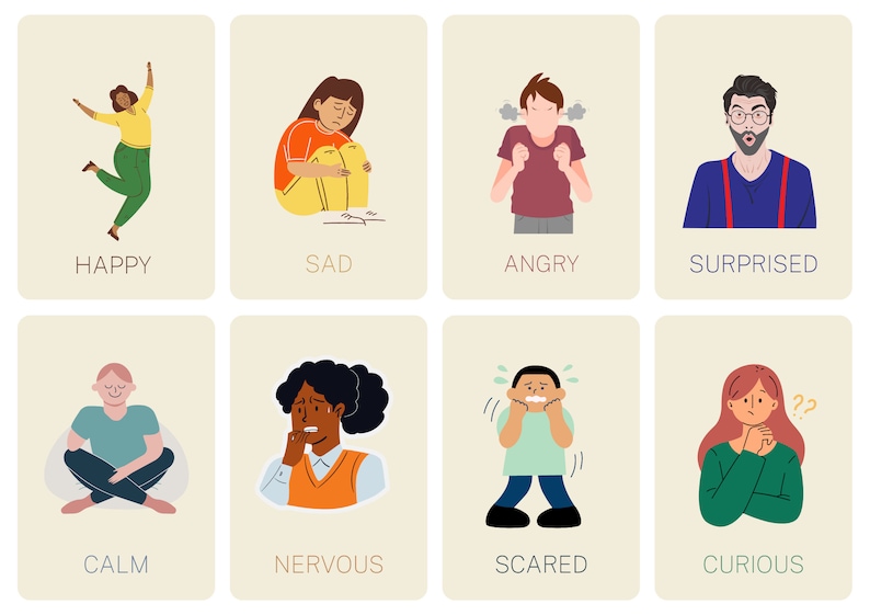 8 Emotions Flashcards, Montessori Material, Educational Printable ...