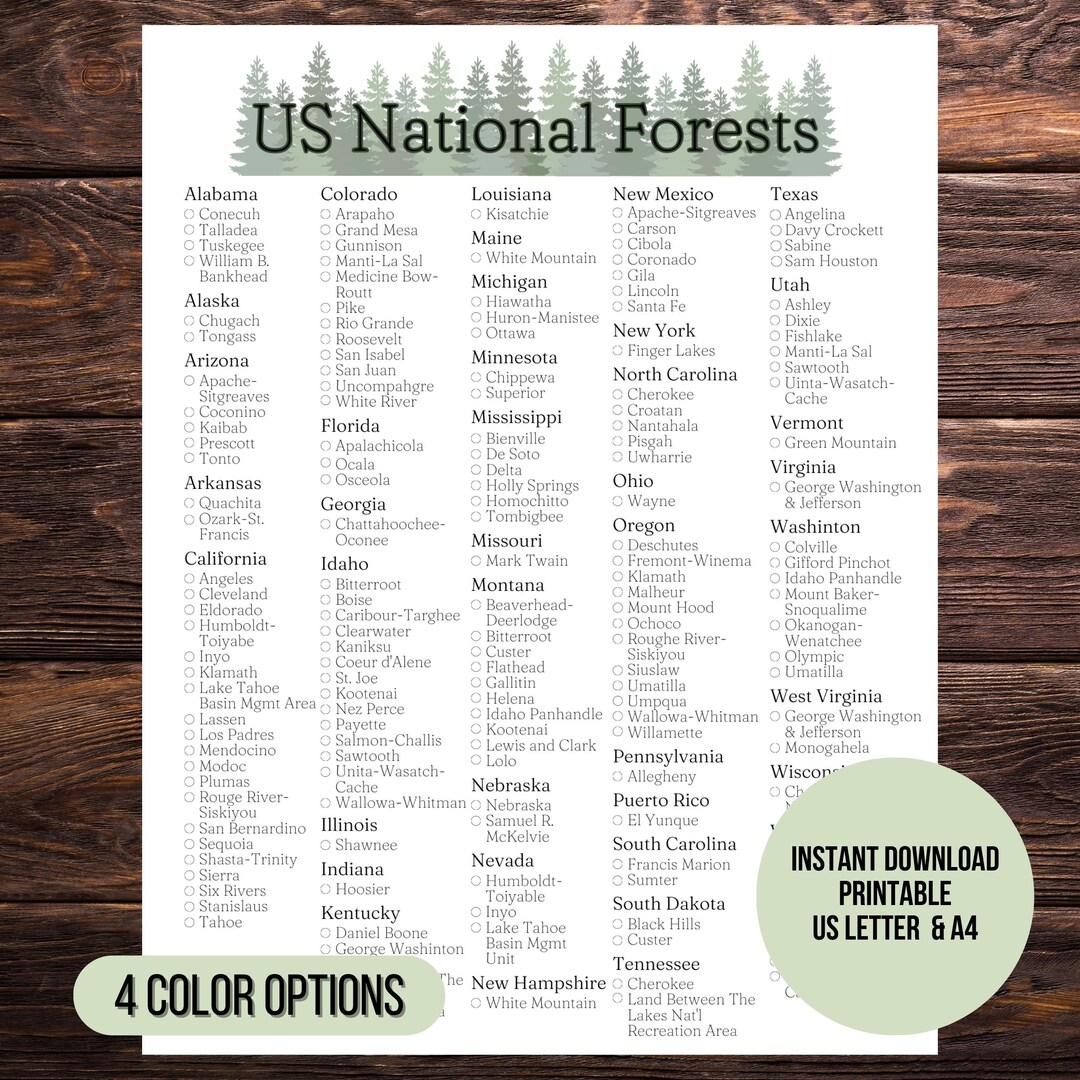 US National Forest Checklist Printable, Nationals Bucket List, Poster ...