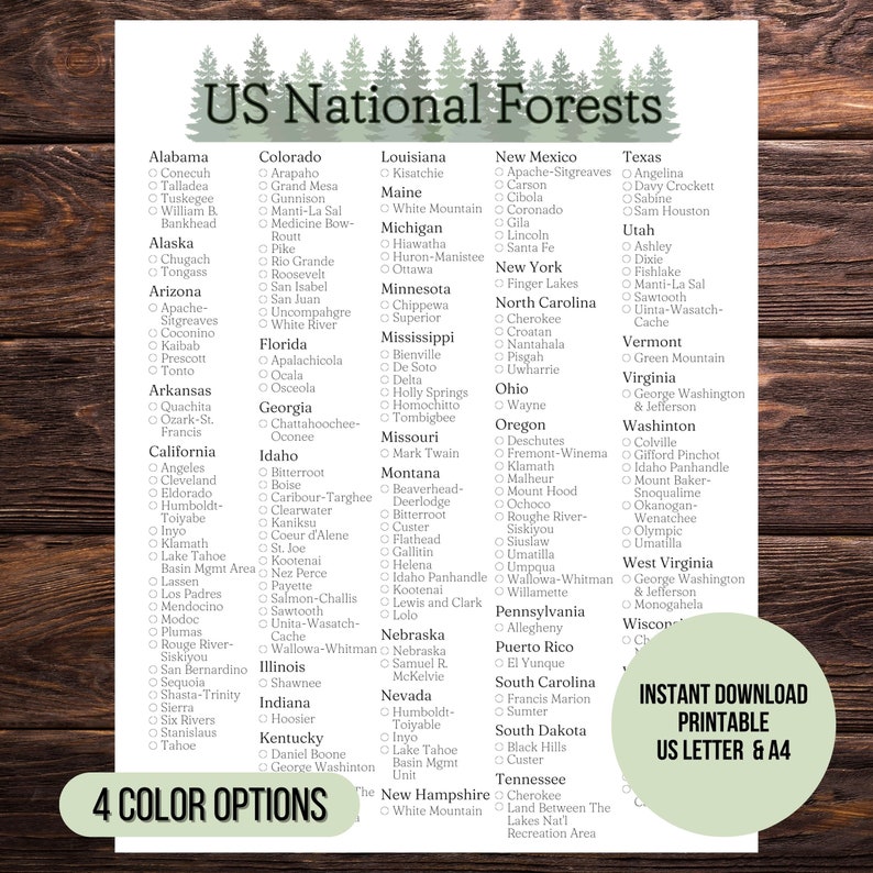 US National Forest Checklist Printable, Nationals Bucket List, Poster ...