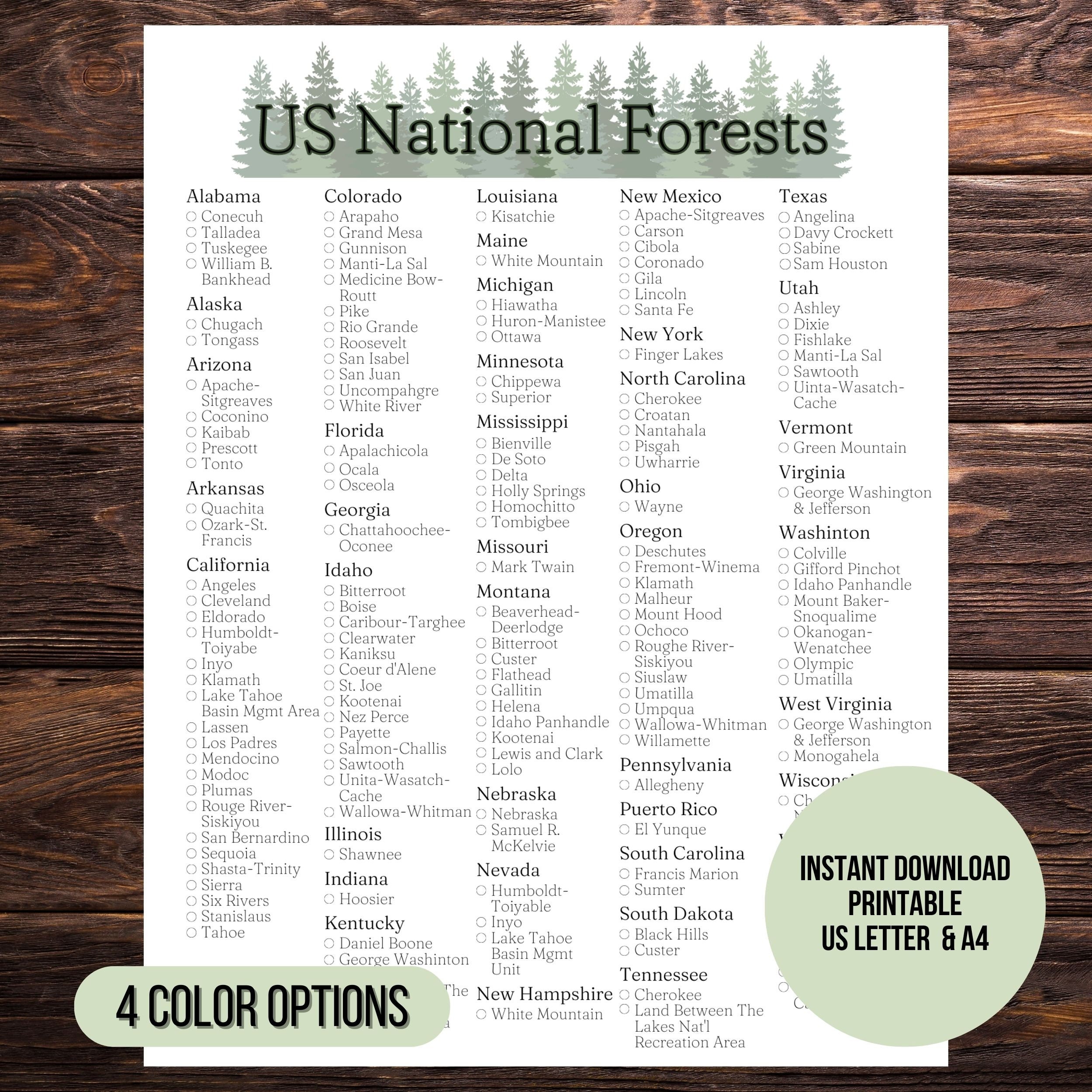US National Forest Checklist Printable, Nationals Bucket List, Poster ...
