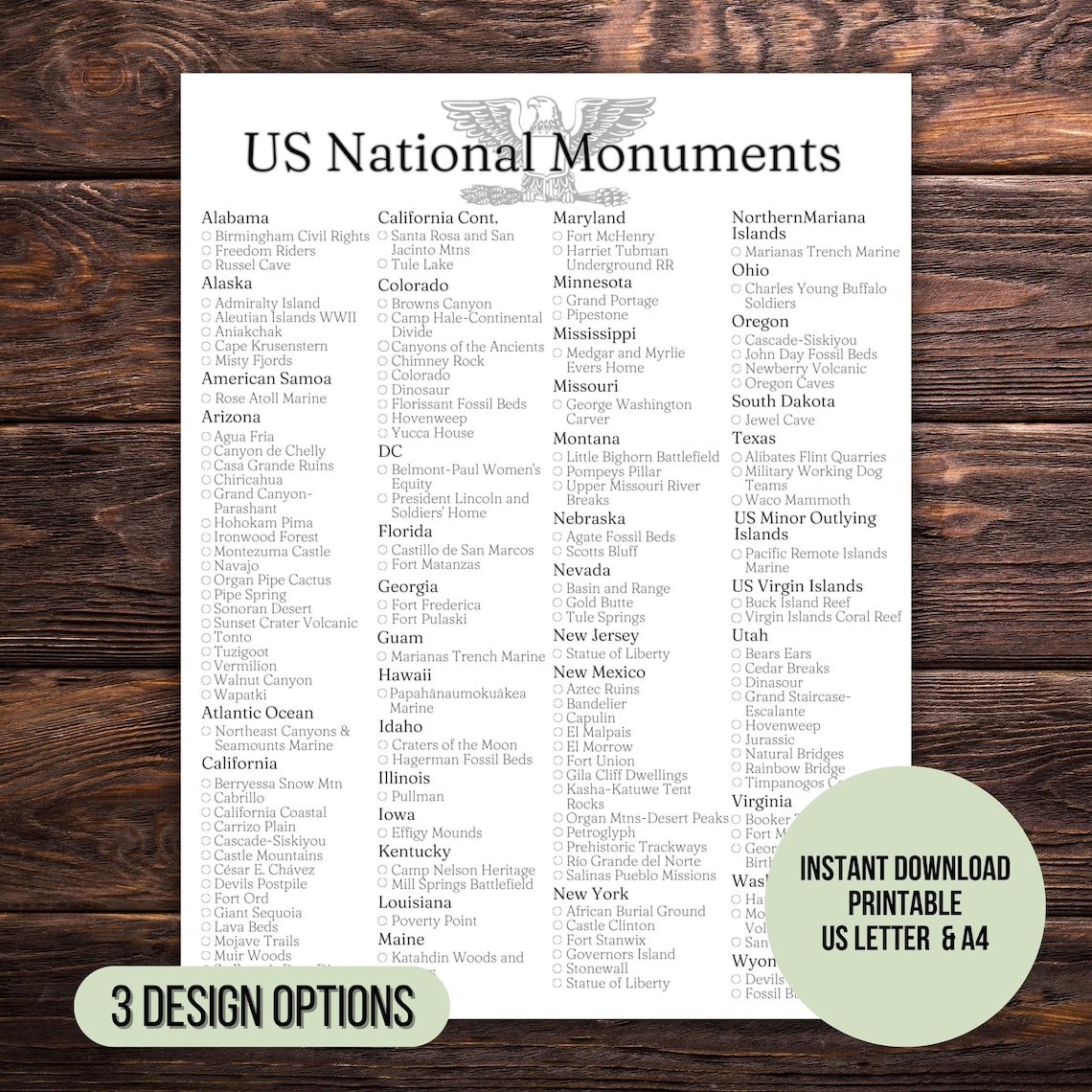 US National Monuments Checklist Poster: Travel Bucket List (PDF) - Etsy