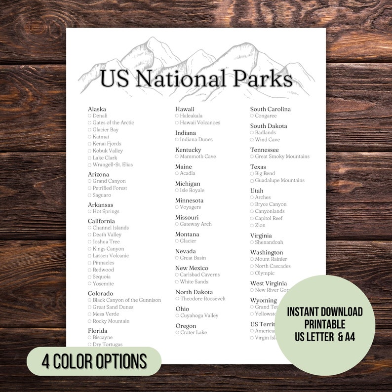 US National Parks Checklist Printable, Nationals Bucket List, National ...