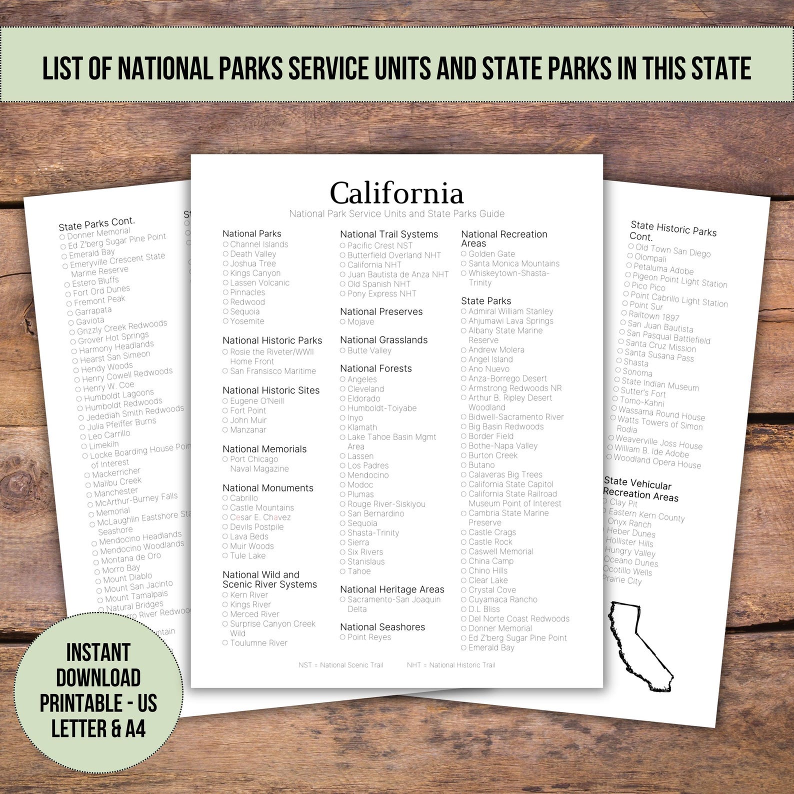 California State & National Parks Checklist (printable PDF) - Etsy
