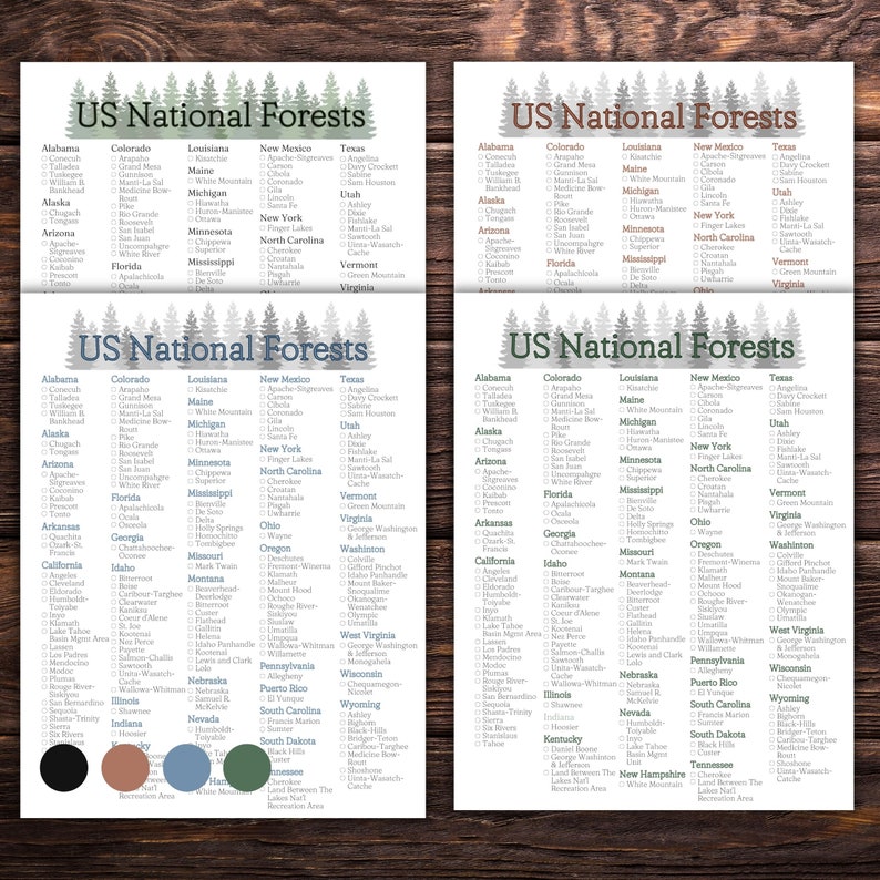 US National Forest Checklist Printable, Nationals Bucket List, Poster ...