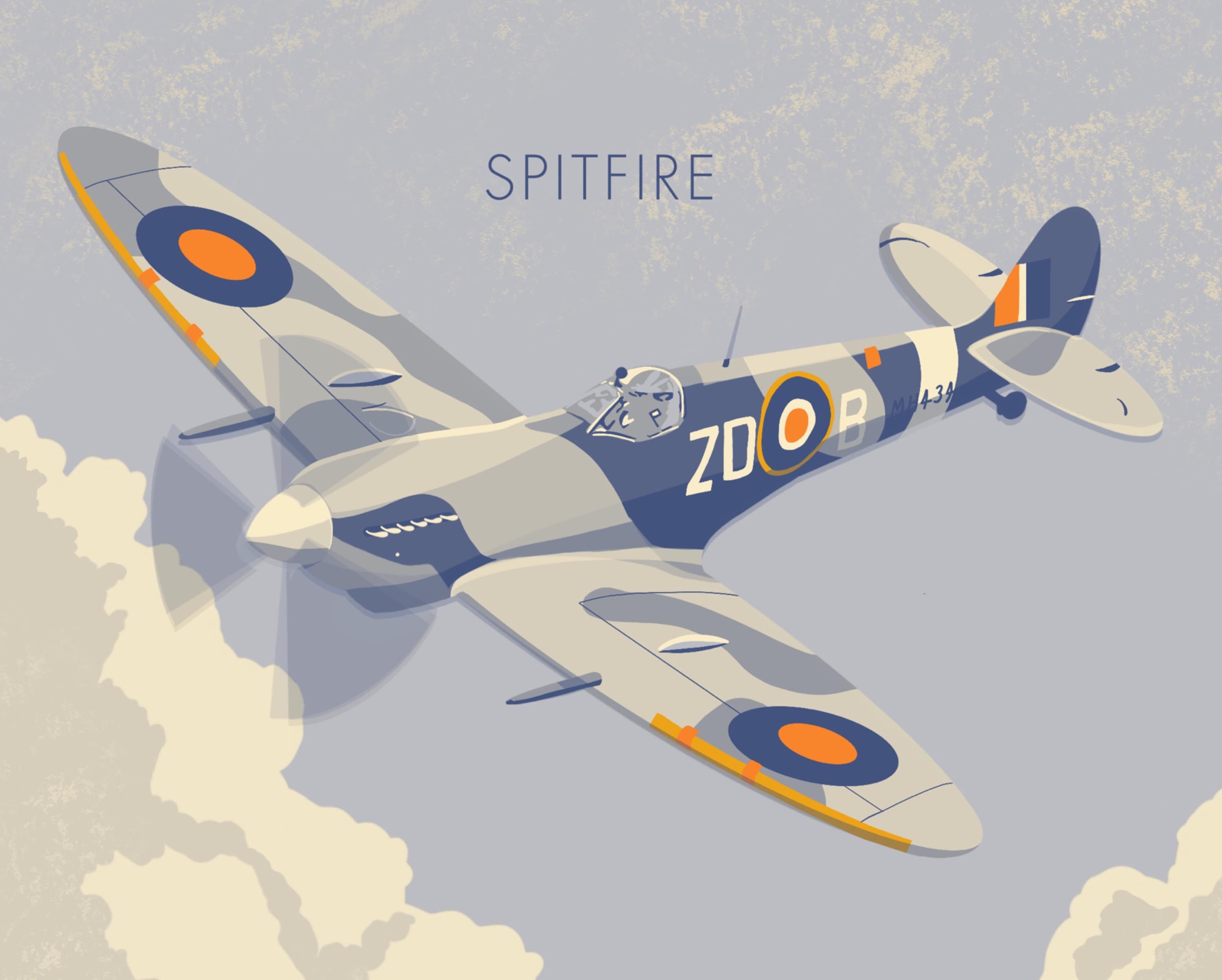 Supermarine Spitfire MH434 Art Deco Style Hand Drawn Katie Hounsome Illustration War Poster ...