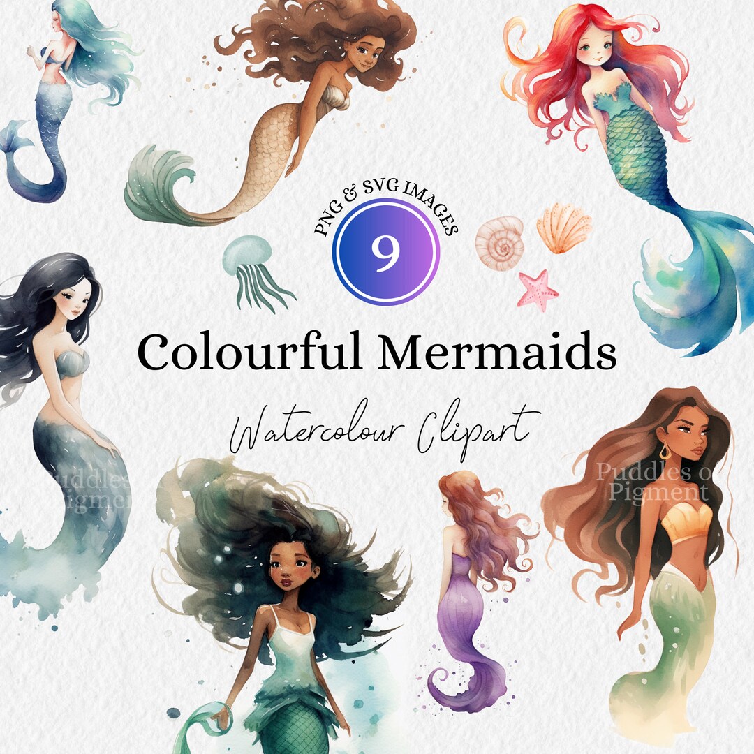 Watercolor Mermaid Clipart Bundle, Little Mermaid Black Mermaids PNG ...