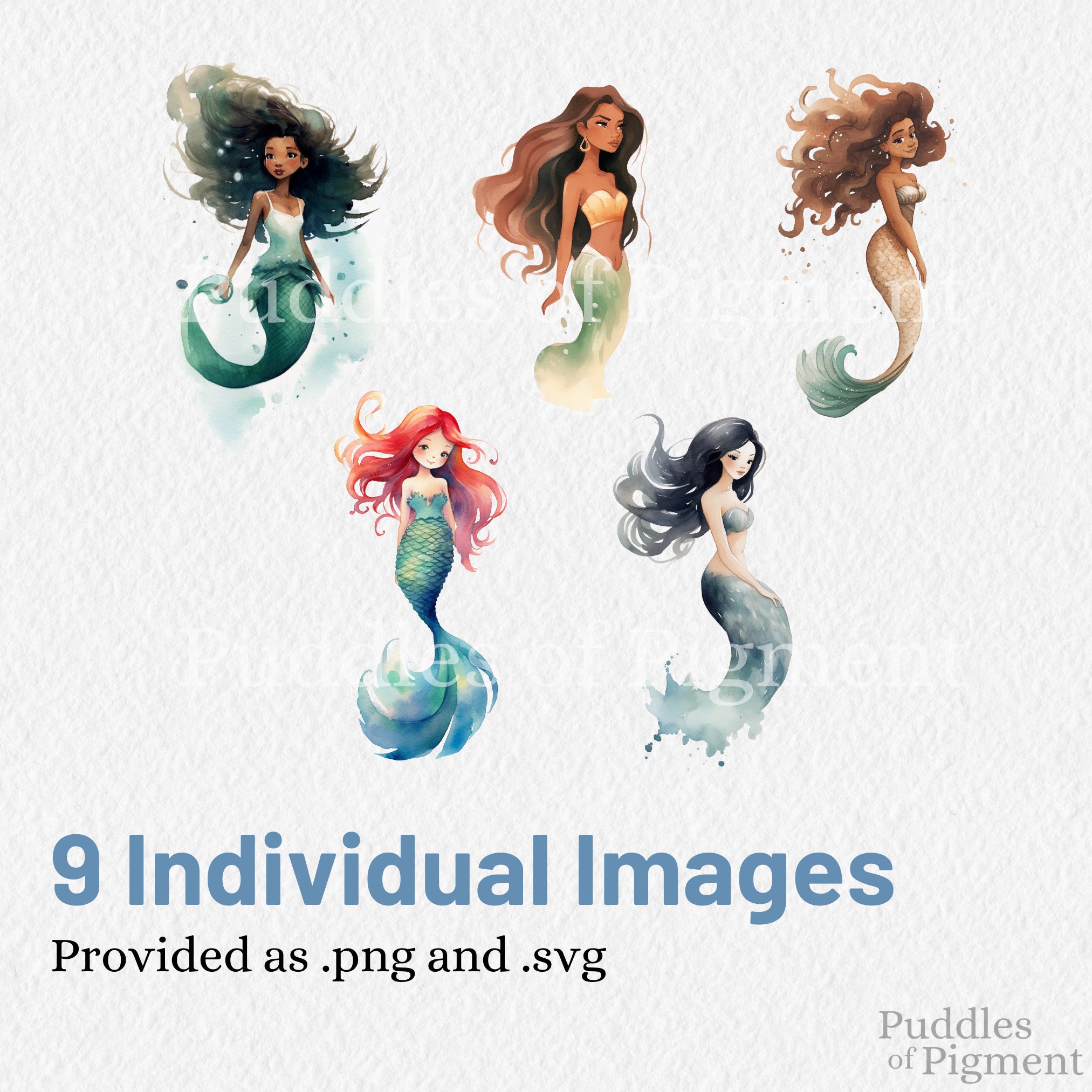 Watercolor Mermaid Clipart Bundle, Little Mermaid Black Mermaids PNG ...