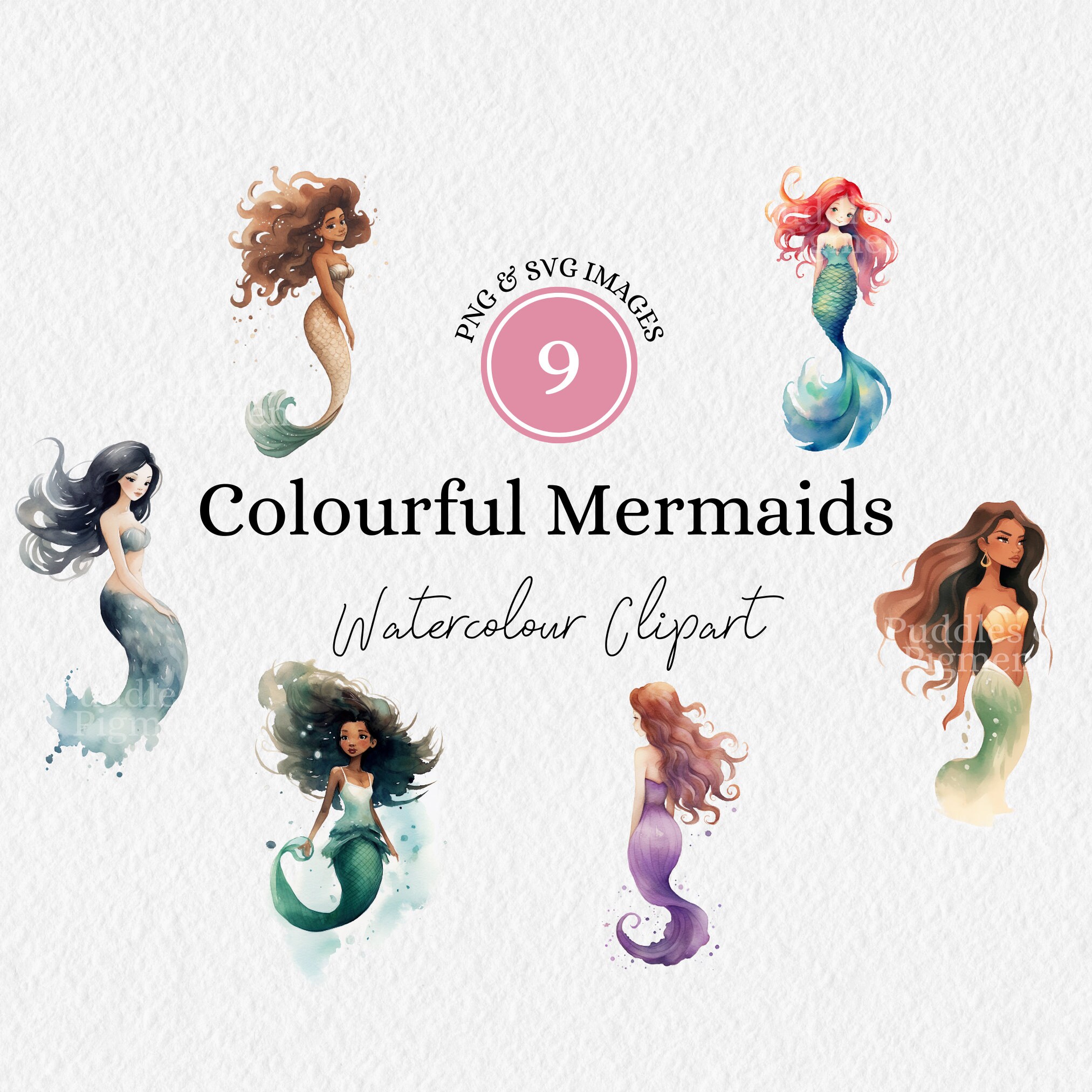 Watercolor Mermaid Clipart Bundle Little Mermaid Black - Etsy