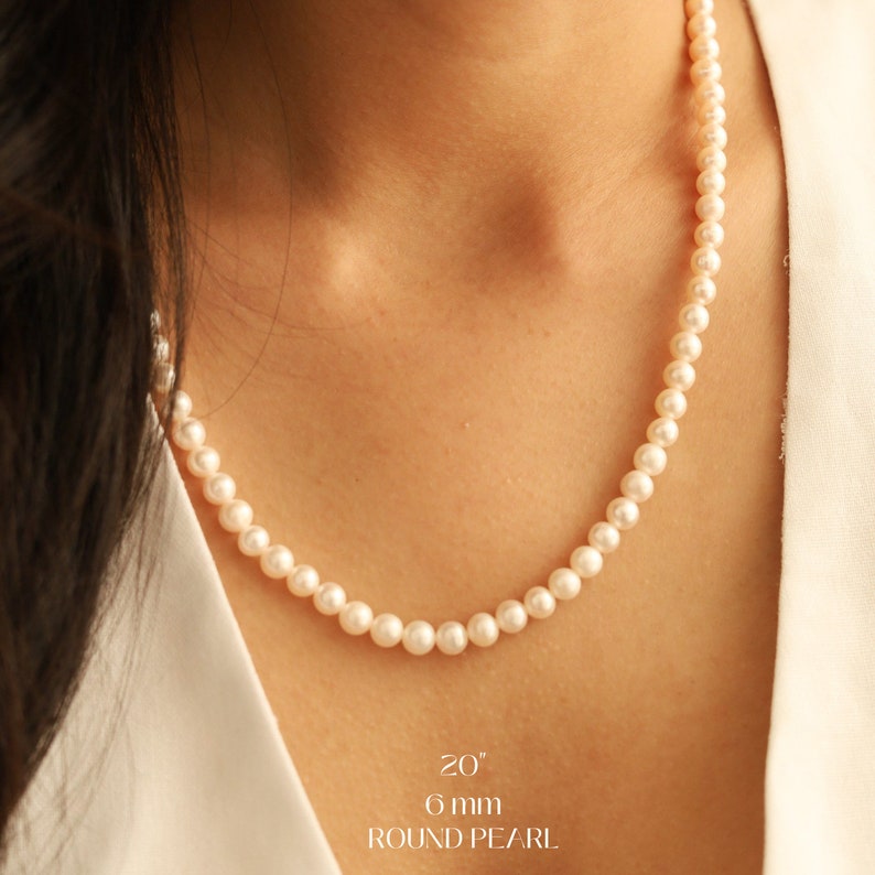 6mm Natural White Round Pearl Necklace, Freshwater Round Pearl Necklace for Women, Classic ...