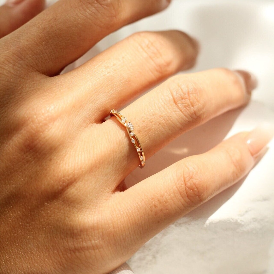 18k Gold Minimal Tiny Diamond Ring, Everyday Gold Stacking Ring Set ...