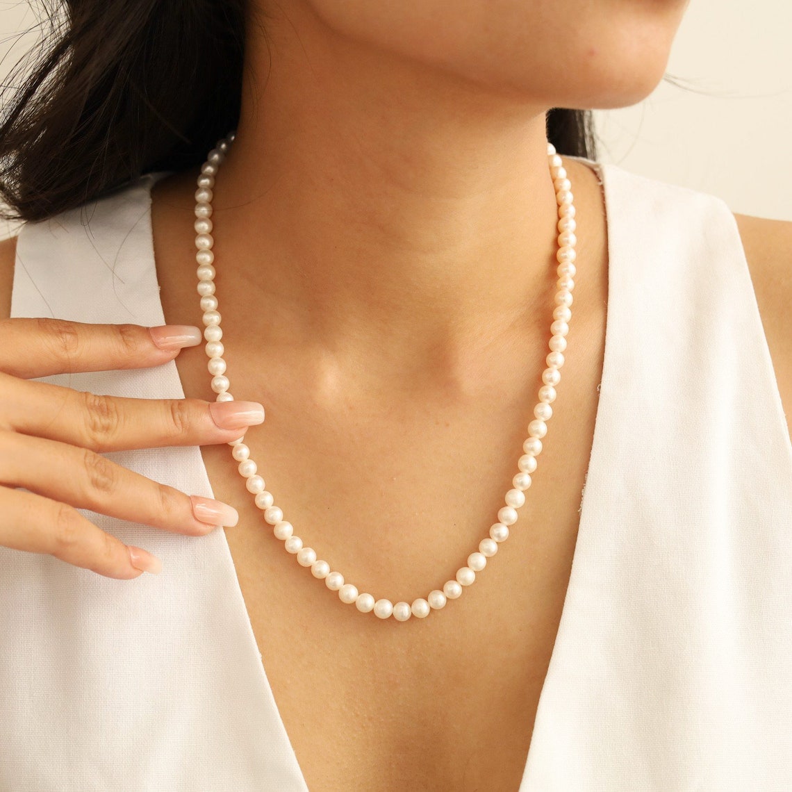 6mm Natural White Round Pearl Necklace, Freshwater Round Pearl Necklace for Women, Classic ...