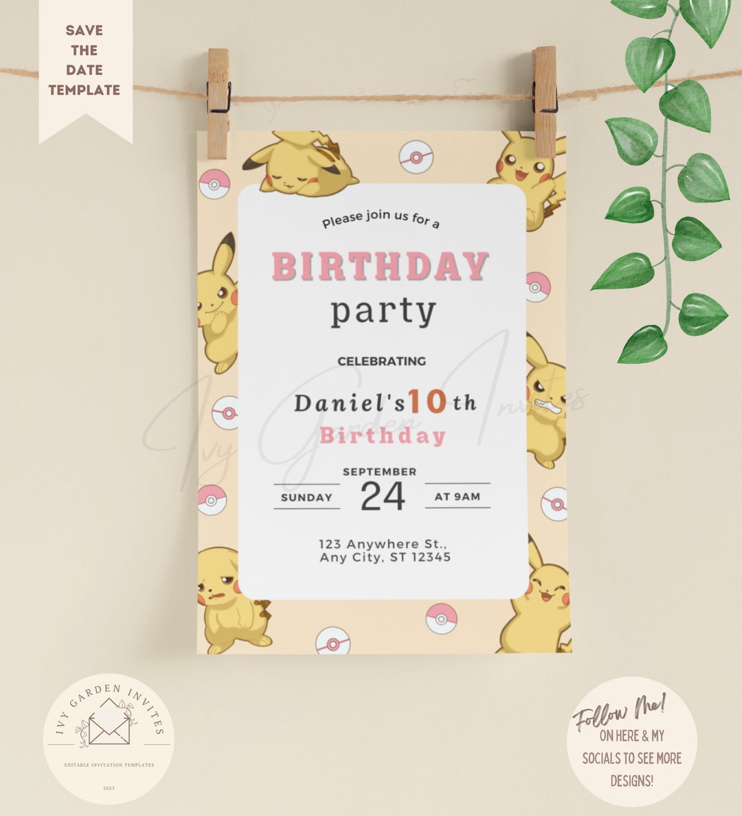 Pikachu Inspired Digital Birthday Invitation Template, Pokemon Themed ...