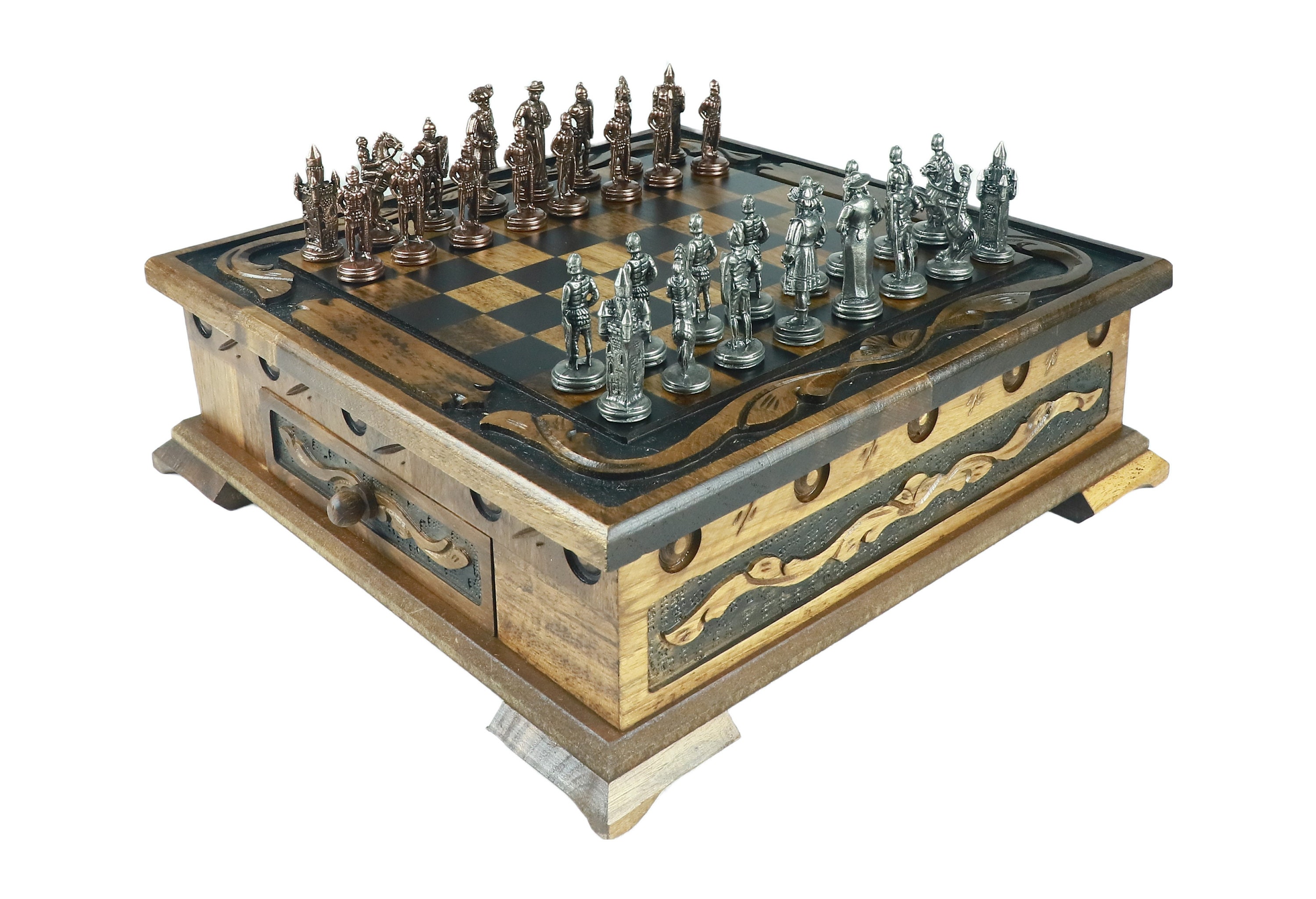 Engraved Chess Set With Board Handmade Wooden Chess Board With Storage ...