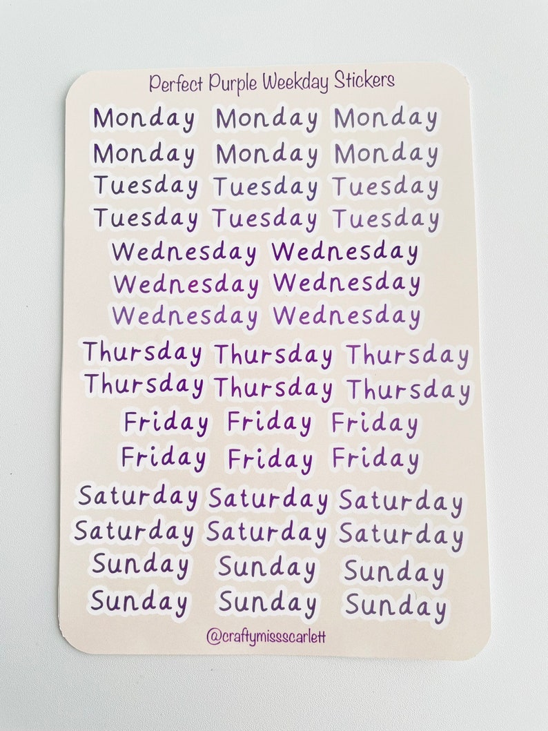 Purple Days of the Week Weekday Stickers. Six Weeks of Purple. Stickers ...