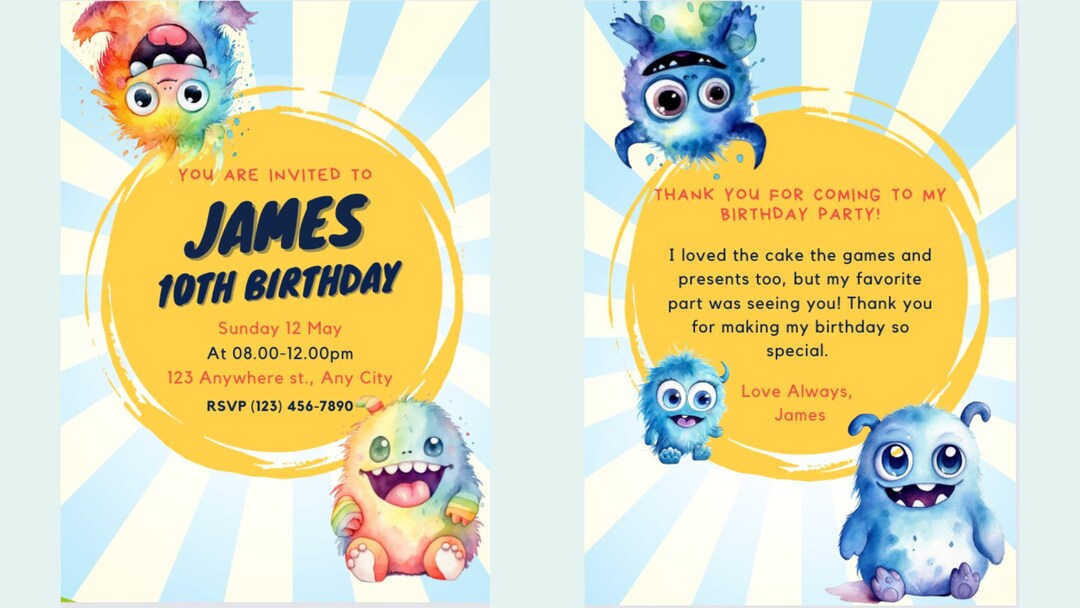 INSTANT Editable Template: Birthday Invite & Thank You Card. Monster ...