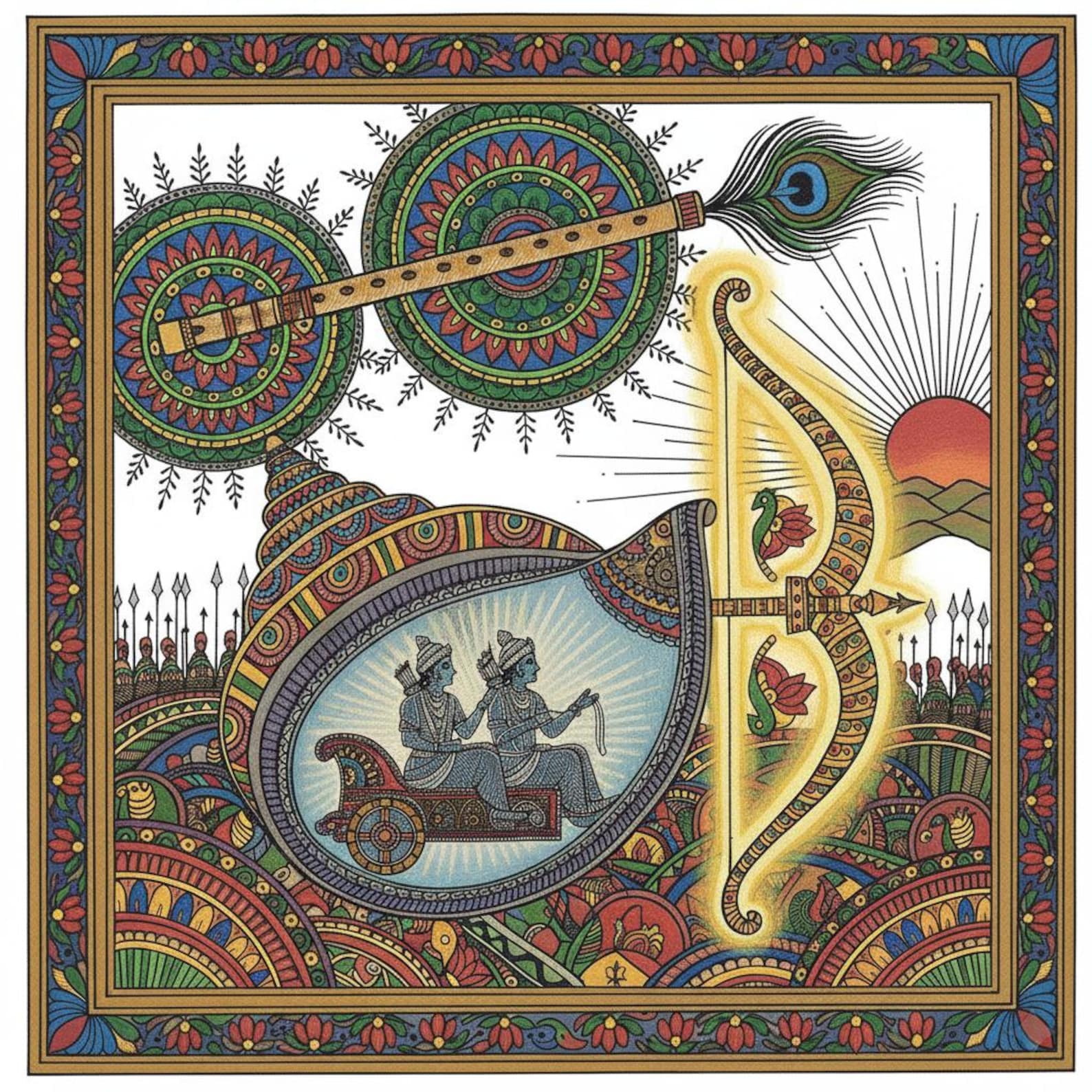 Madhubani Art, Panchajanya Conch {shankh},with Krishna and Arjun ...