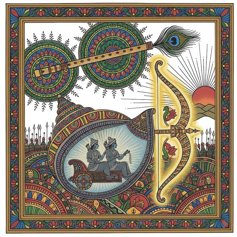 Madhubani Art, Panchajanya Conch {shankh},with Krishna and Arjun ...