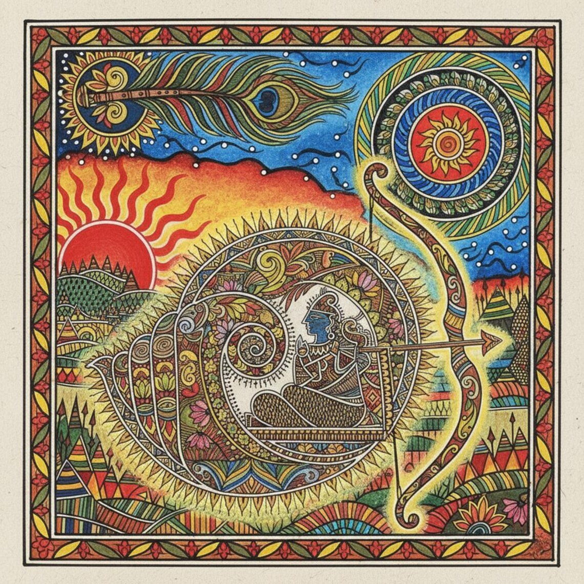 Madhubani Art, Panchajanya Conch {shankh},with Krishna and Arjun ...