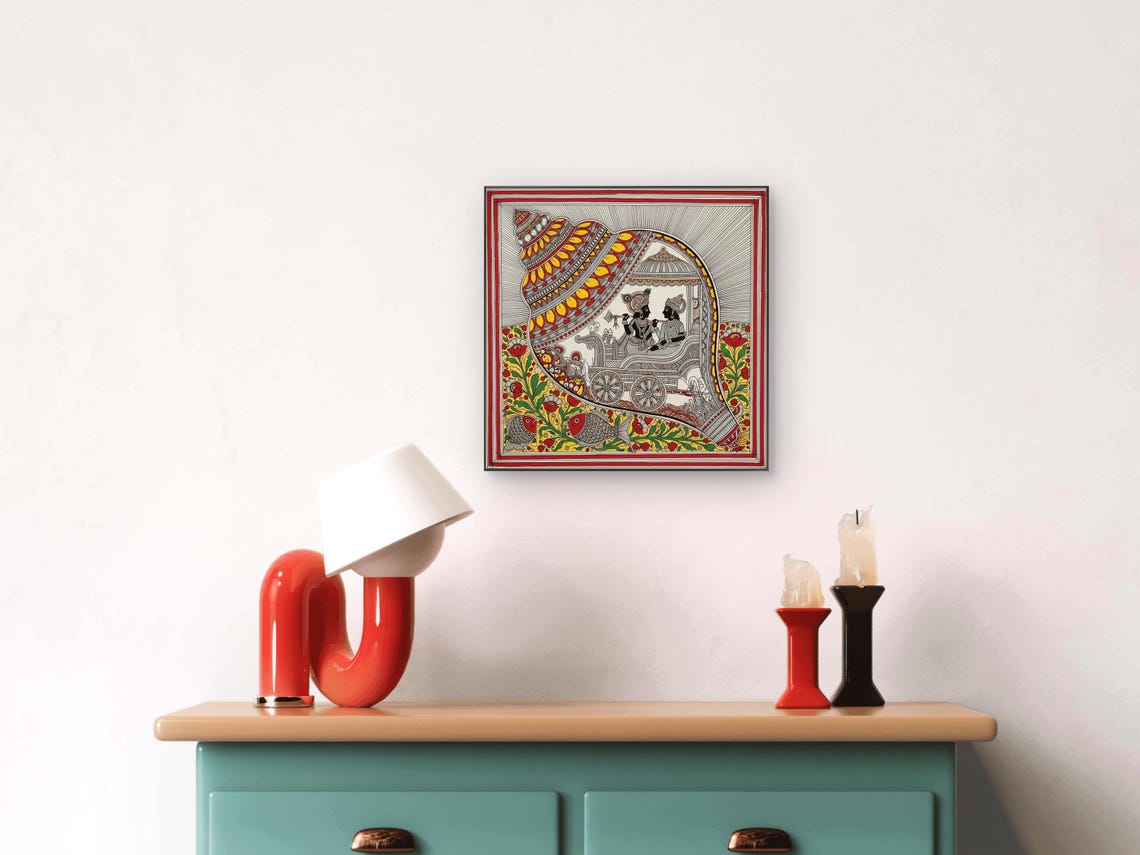 Madhubani Art, Panchajanya Conch {shankh},with Krishna and Arjun ...