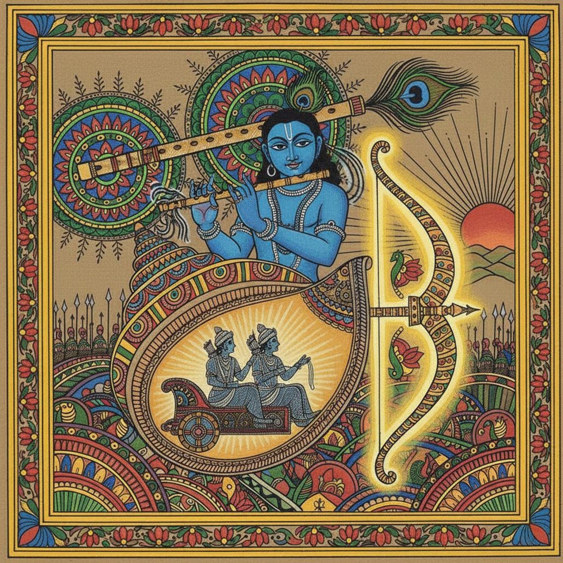 Madhubani Art, Panchajanya Conch {shankh},with Krishna and Arjun ...