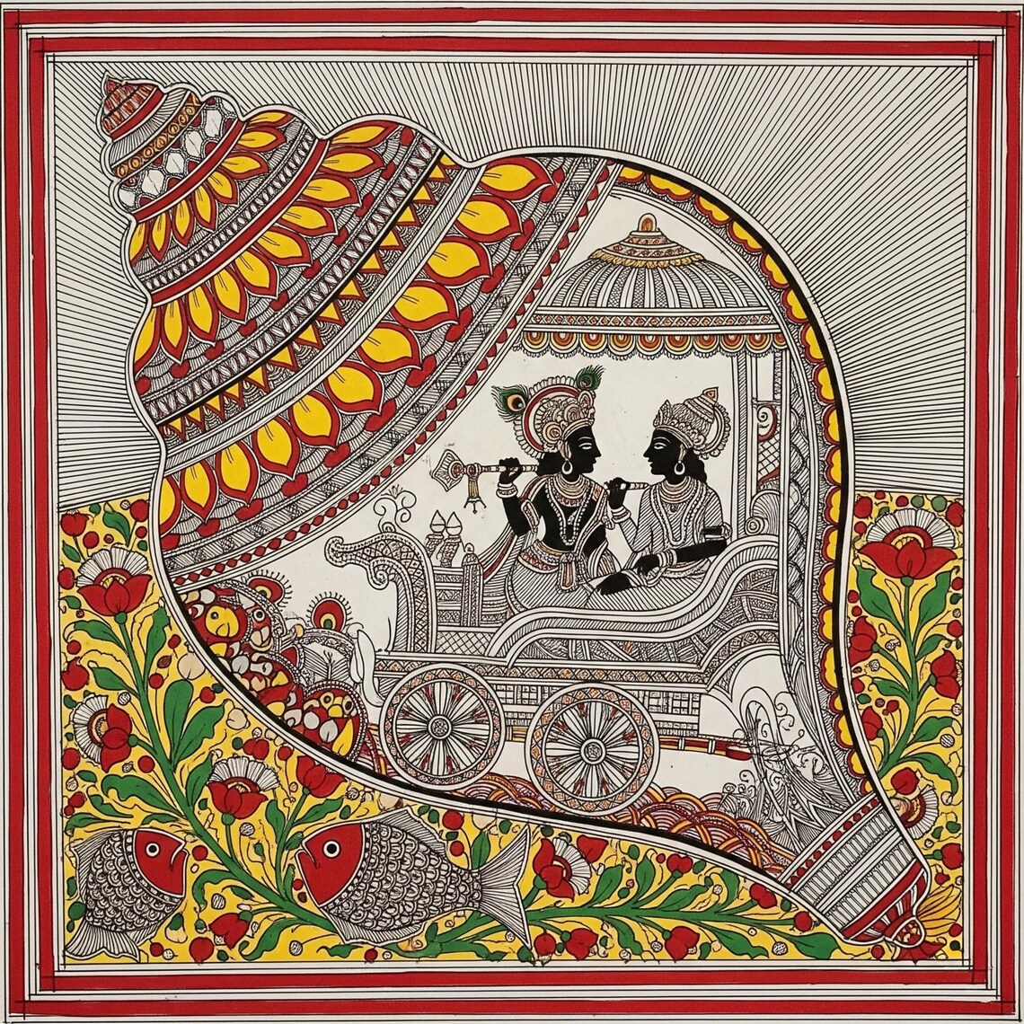 Madhubani Art, Panchajanya Conch {shankh},with Krishna and Arjun ...