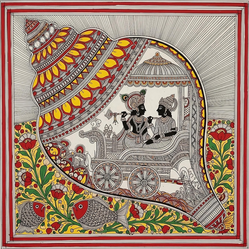 Madhubani Art, Panchajanya Conch {shankh},with Krishna and Arjun ...