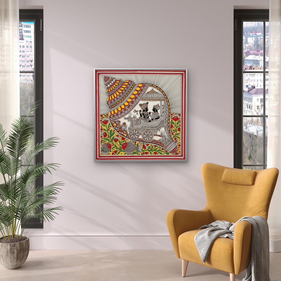 Madhubani Art, Panchajanya Conch {shankh},with Krishna and Arjun ...