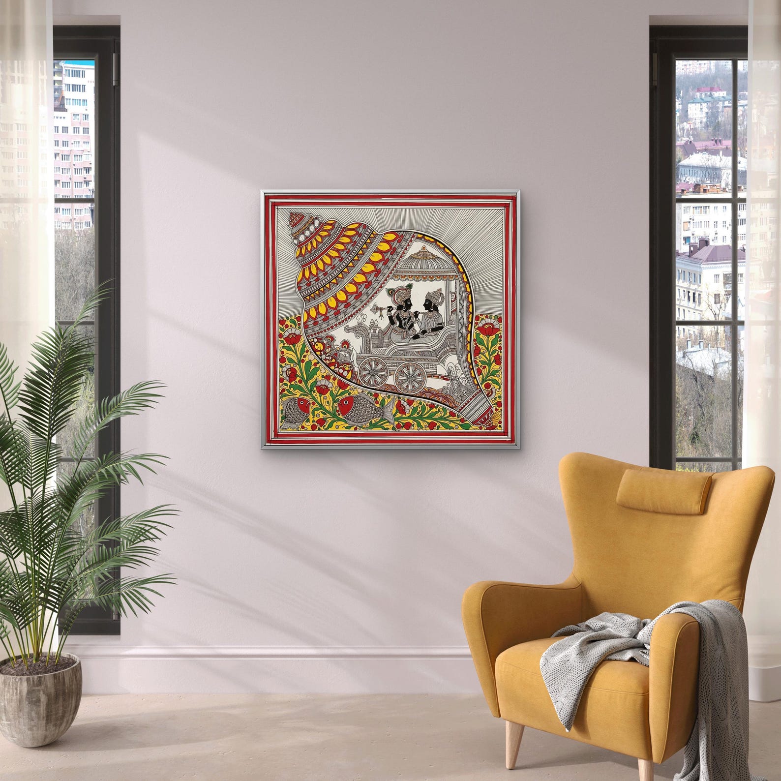 Madhubani Art, Panchajanya Conch {shankh},with Krishna and Arjun ...