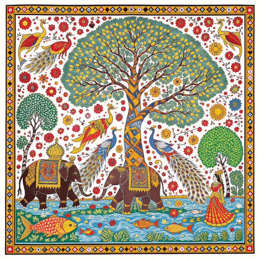 Madhubani Painting: Tree of Life, Krishna, Radha - Etsy