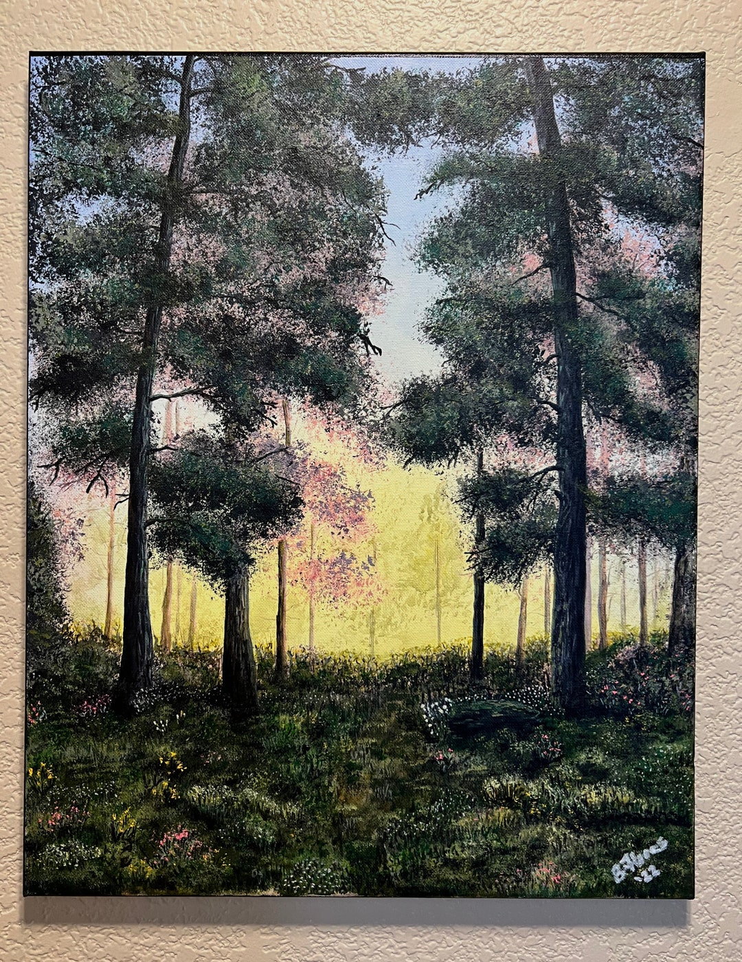 Original Artwork: Forest Scene Painting Featuring a Sunrise in the ...