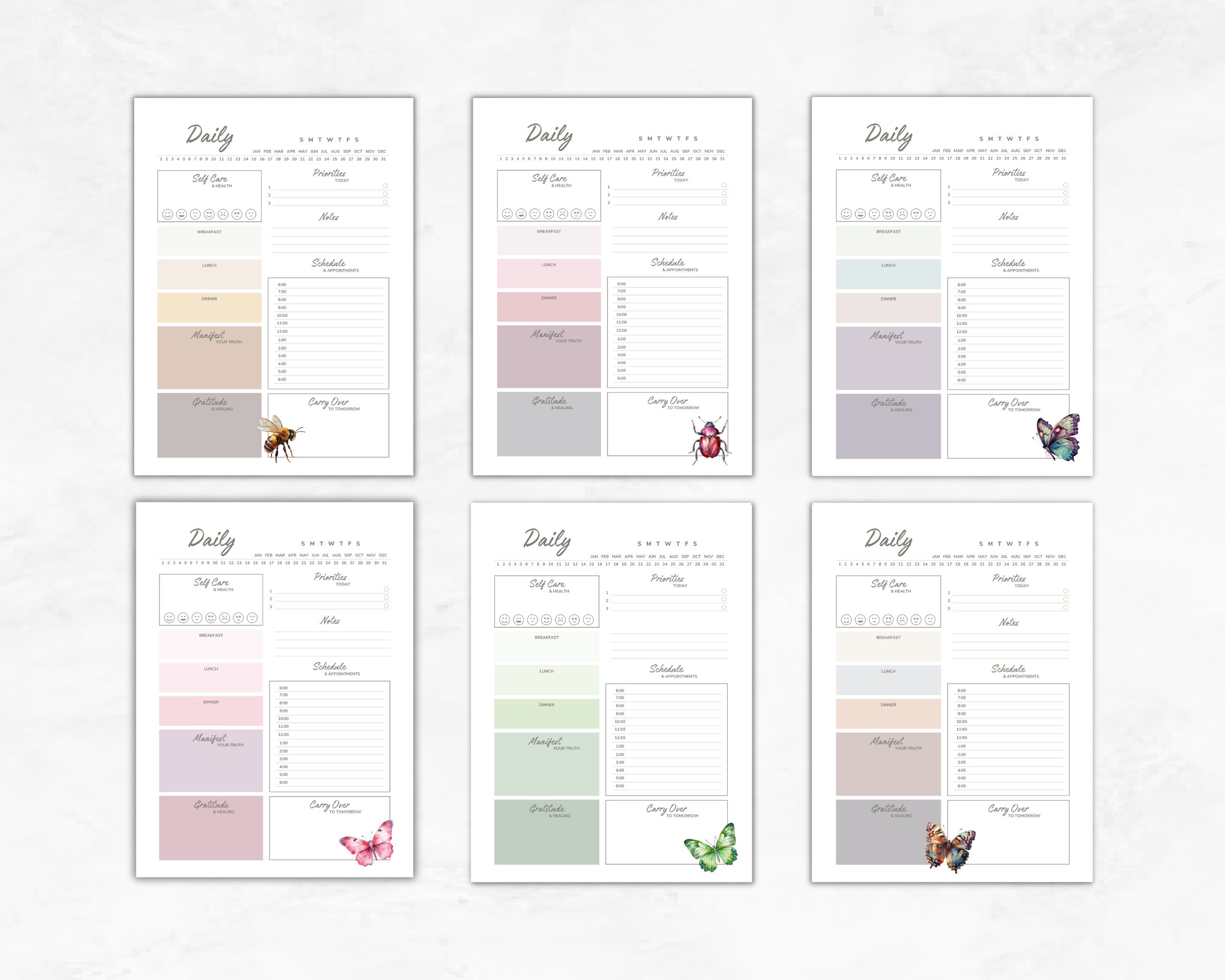 Beetles & Butterflies Day Planner Printable Self Care Manifest Hour ...