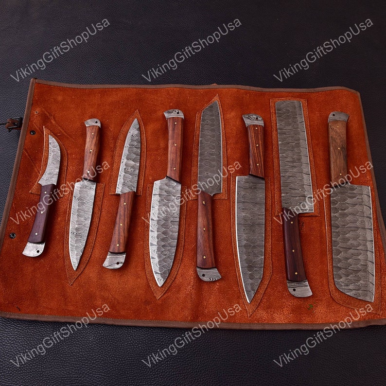 8 Pcs Damascus Steel Hand Forged Kitchen Knife Set, Damascus Chef Set ...