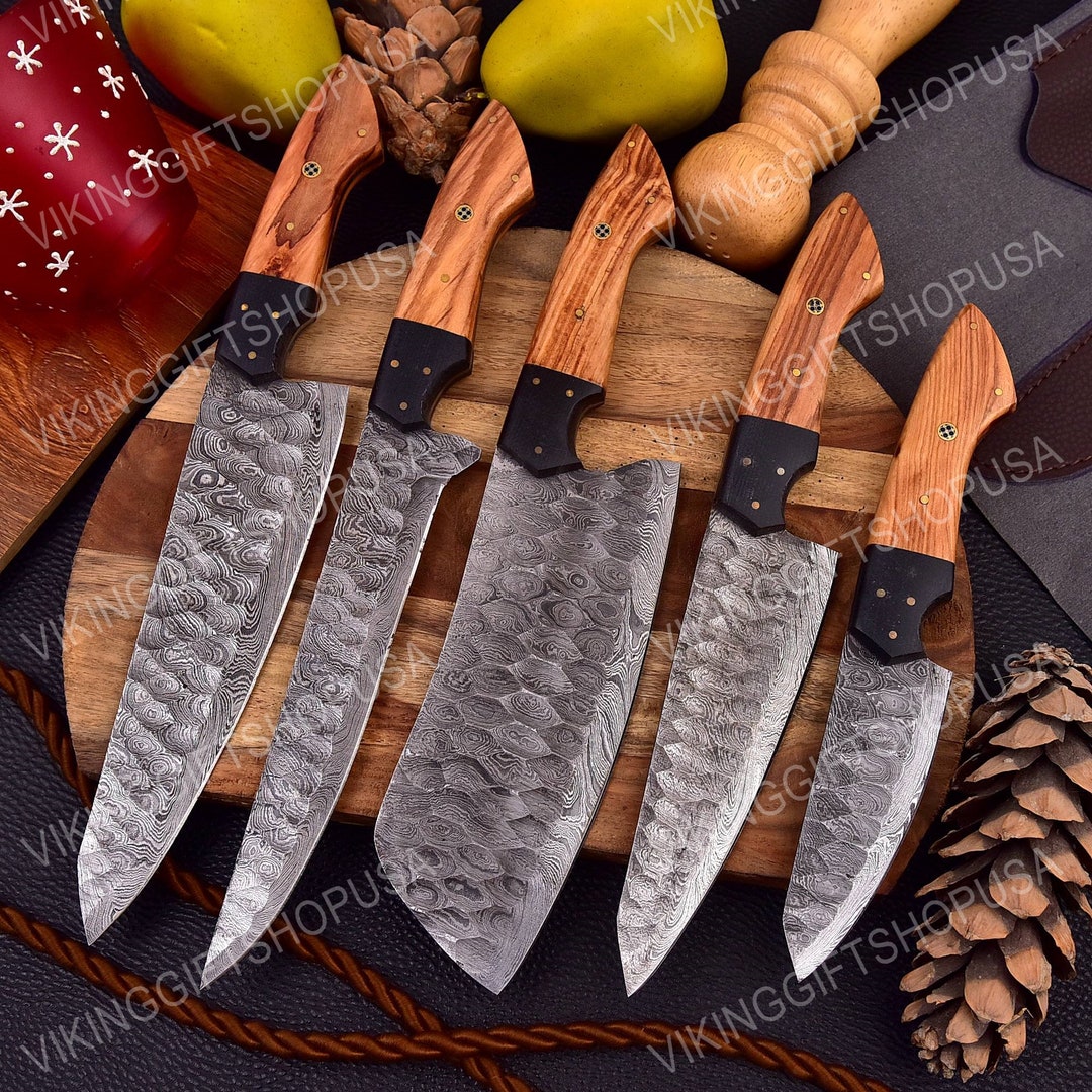 5 Pcs Hand Forged Damascus Steel Chef Set, Damascus Chef Knife ...