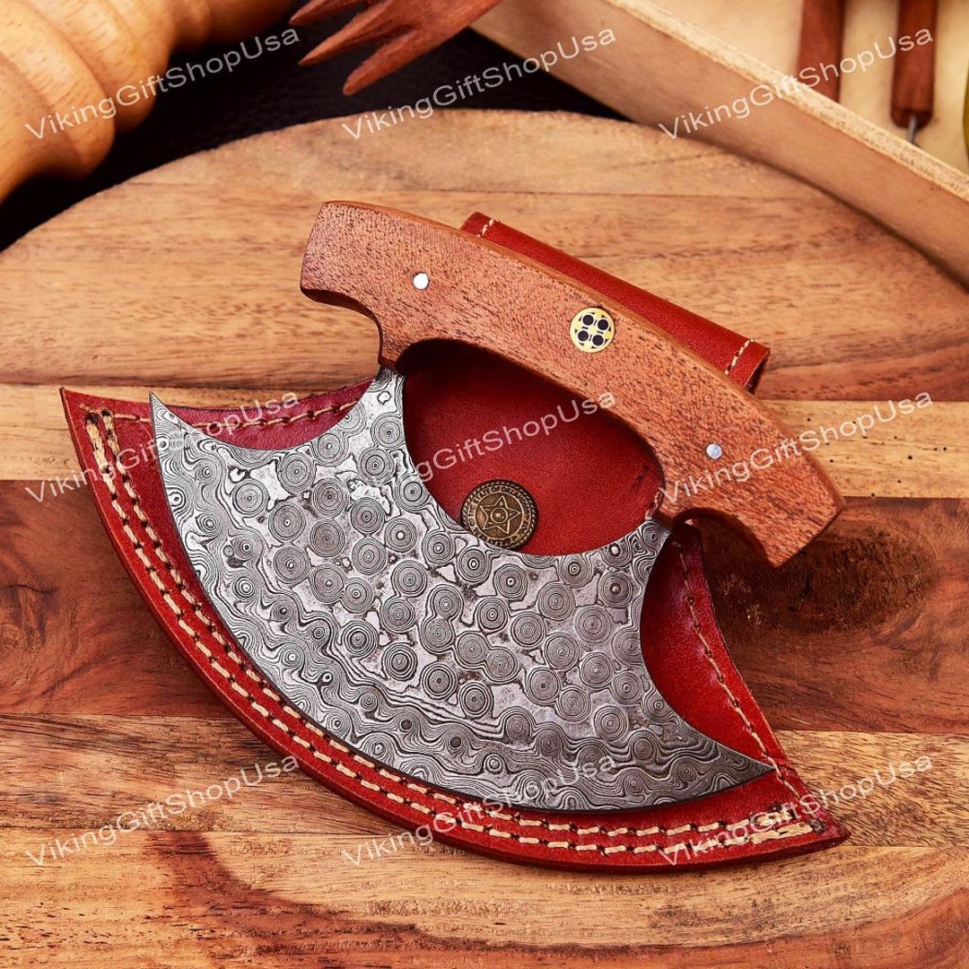 Hand Forged Damascus Steel Ulu Chef Knife With Leather Sheath ...