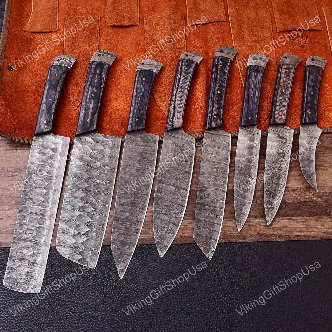 Hand Forged Damascus Steel 8 Pcs Chef Set, Damascus Steel Chef Knife ...