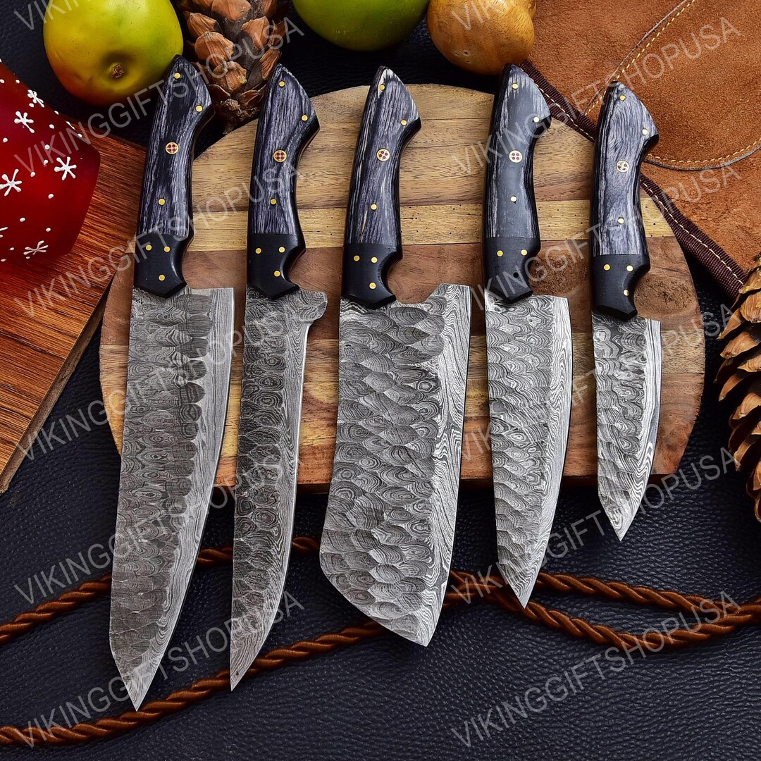 Damascus Steel Hand Forged Kitchen Knife Chef Set With Leather Roll ...