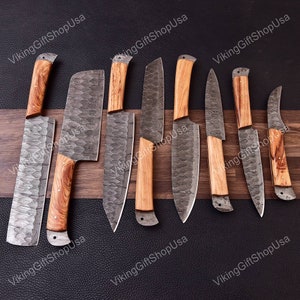 8 Pcs Hand Forged Damascus Steel Chef Set, Handmade Damascus Kitchen ...