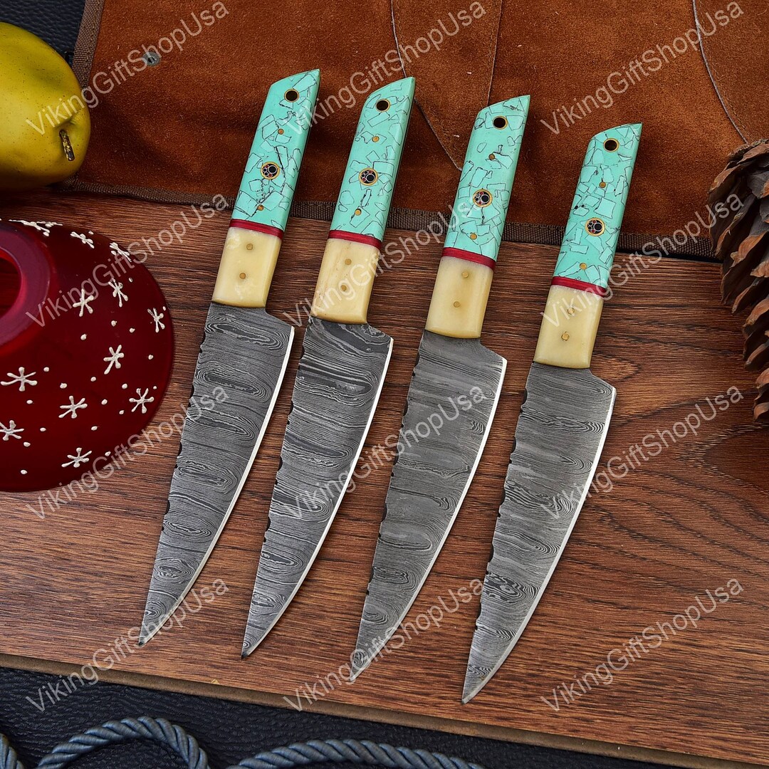 Handmade Damascus Steel Steak Knives Set, Kitchen Knives, Damascus Chef ...