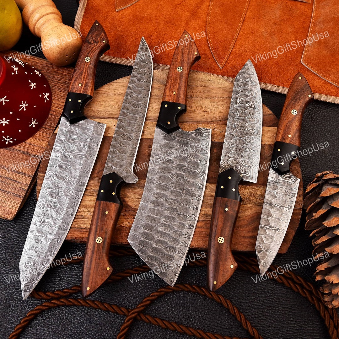 Custom Handmade Damascus Steel 5 Pcs Chef Set, Personalized Chef Set ...