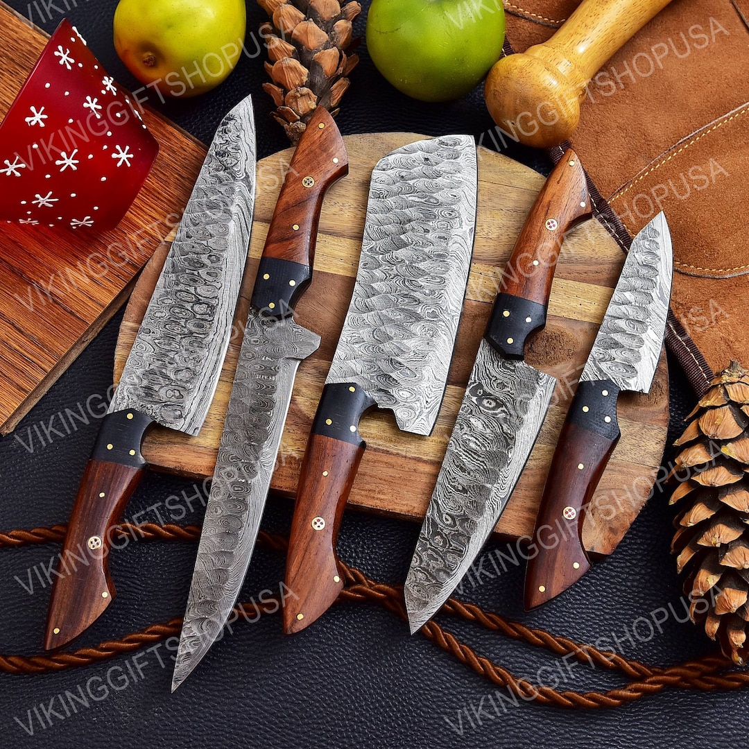 Hand Forged Damascus Chef Set, Handmade Kitchen Knife, Damascus Chef ...