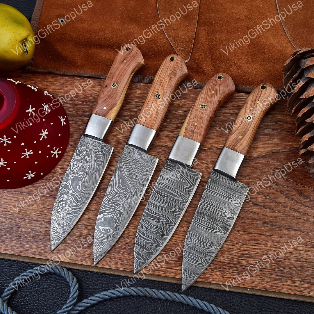 Set of 4 Custom Handmade Damascus Steel BBQ Steak Knife, Kitchen Knife ...