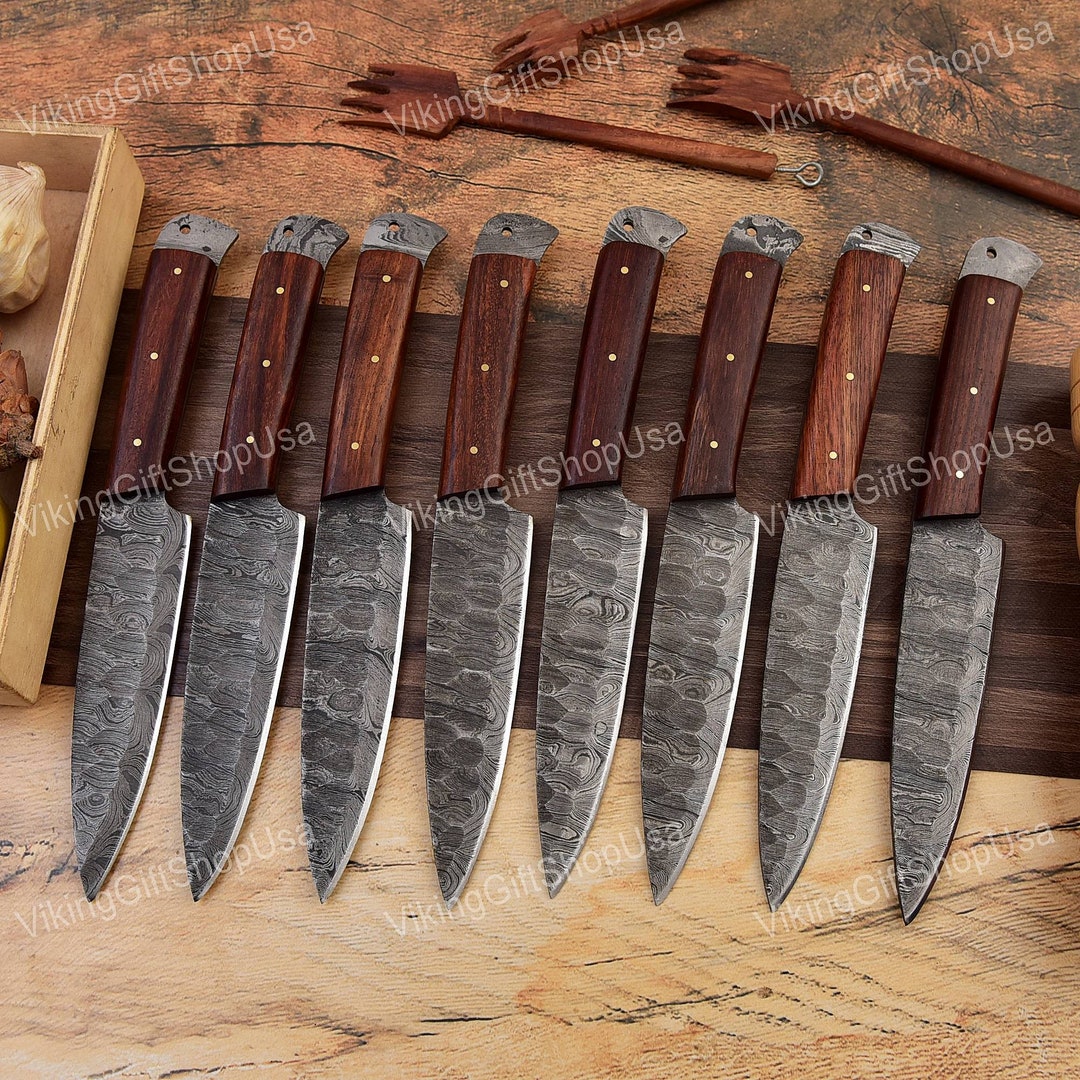 Damascus Steel Handmade Steak Knives Set, Lot of 8 Pcs Steak Knives, Hand Forged Knife, Chef ...